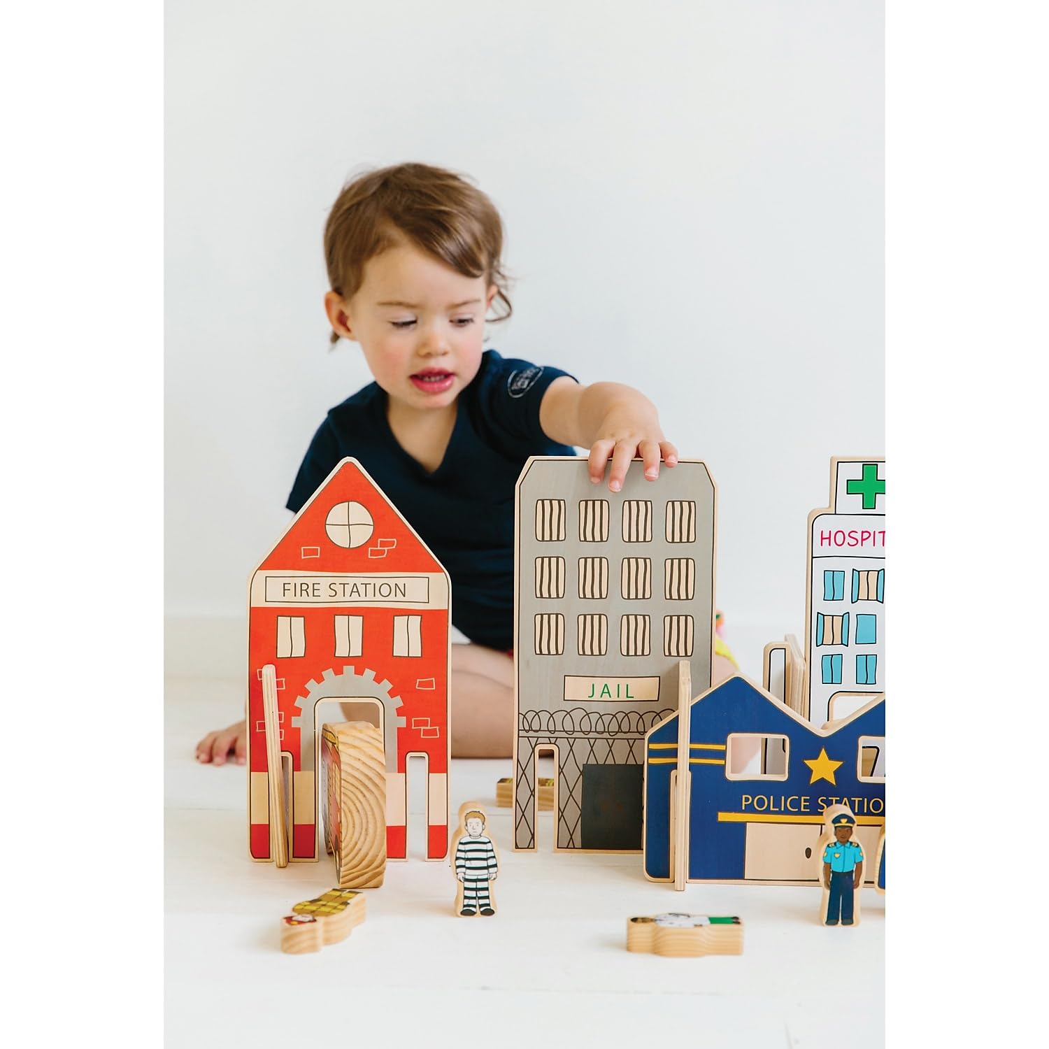THE FRECKLED FROG Happy Architect - Emergency - Set of 20 - Ages 2+ - Wooden Blocks for Preschoolers and Elementary Aged Kids - Includes Workers, Vehicles and Buildings