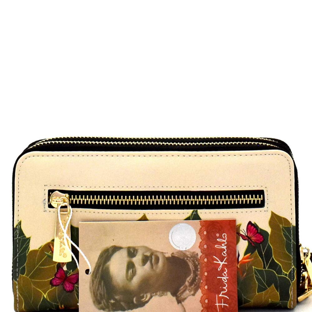 Authentic Licensed Frida Kahlo Picture PU Leather Double Zipper Wristlet Wallet (Baby Frida Cartoon Theme - Beige/Black)