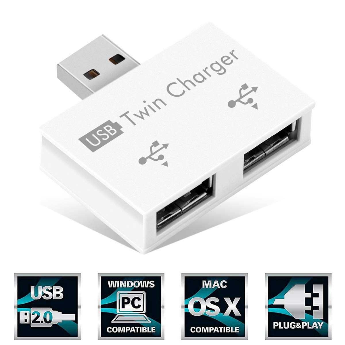 USB 2.0 Hub Adapter, USB Splitter Hub 2 Port USB Ultra Slim Data Hub for Device Charging(White)