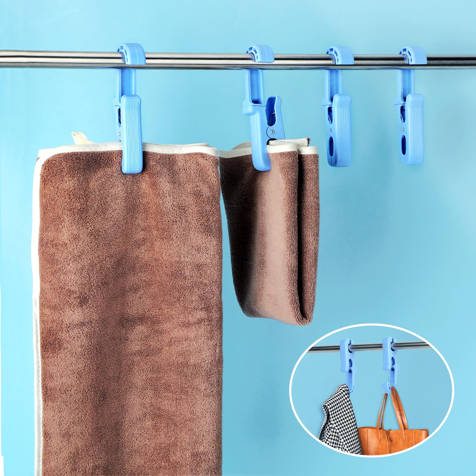 8PCS Plastic Clips for Hanging,Heavy Duty Hanger Clips with Bag,Large Swivel Clothes Pins with Hooks for Bathroom Wardrobe,Strong Laundry Hooks with Clips for Socks Boot Bras Towels(Blue)