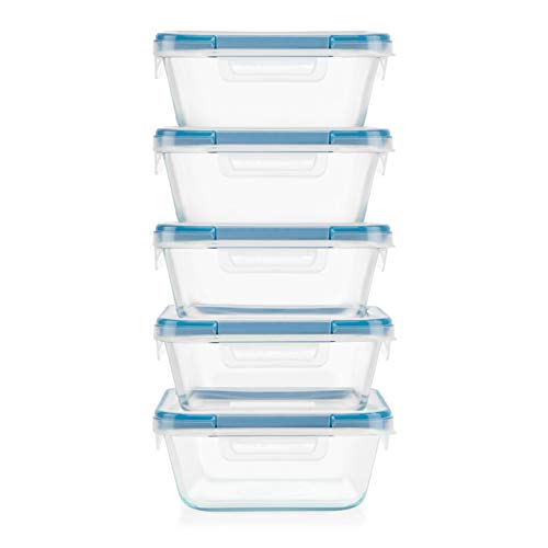 Snapware Total Solution 10-Pc Glass Food Storage Containers Set with Plastic Lids, 4-Cup Meal Prep Container, Non-Toxic, BPA-Free Lids with 4 Locking Tabs, Microwave, Dishwasher, and Freezer Safe
