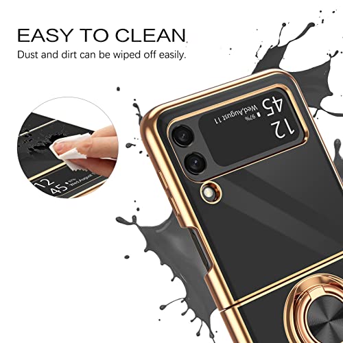 BENTOBEN Galaxy Z Flip 3 Case 5G with 360° Ring Holder, Shockproof Slim Kickstand Magnetic Support Car Mount Women Men Non-Slip Protective Phone Case for Samsung Galaxy Z Flip 3, Black/Gold
