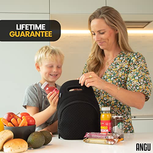 ANGU Neoprene Lunch Bag with Pocket - Keep Your Lunch Nice and Chilled - Washable Lunch Bags Made of Durable 5mm Neoprene - Quality YKK Zippers will Never Break - Soft Cotton Feel (Black)