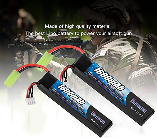 BESWON 2 Packs Airsoft Battery 11.1V Rechargeable 1600mAh 30C Lipo Battery Pack with 2S-3S Balance Charger for Airsoft Guns Rifle