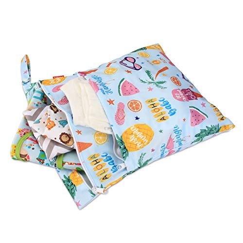 Damero 2Pcs Wet Dry Bag with 2 Zippered Pockets and Snap Handle for Cloth Diaper, Swimsuit, Clothes, Ideal for Travel, Exercise, Daycare, Roomy and Water-Resistant (Small+Large,Summer Style)