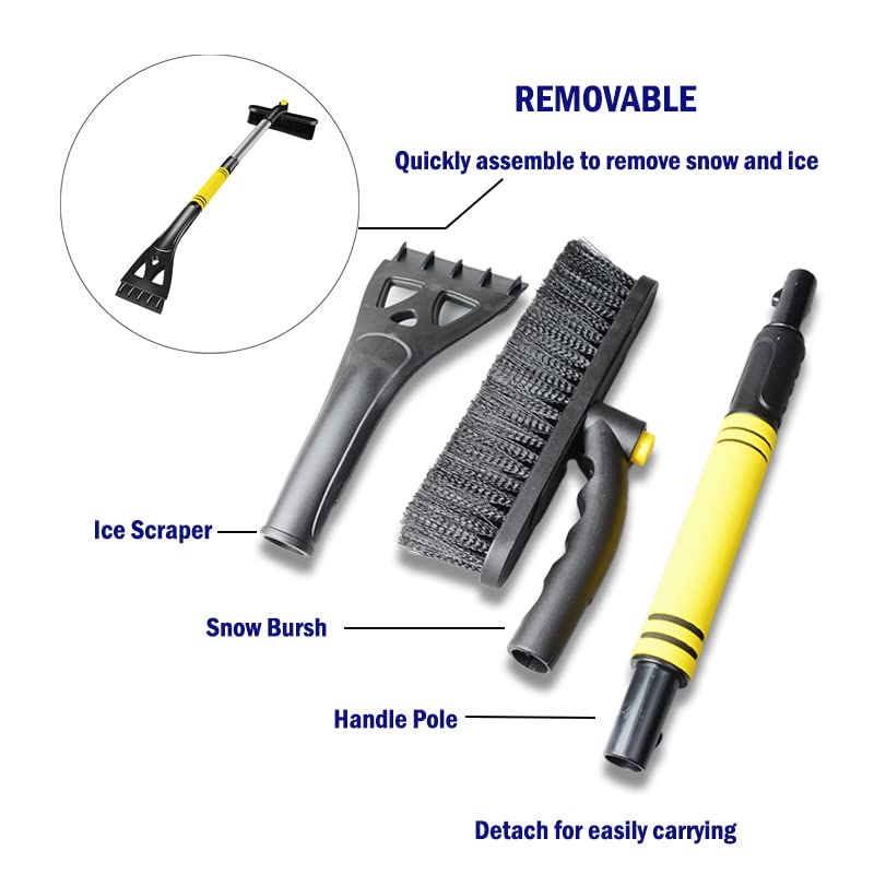AFODYL Ice Scraper and Extendable Snow Brush for Car, Snow Remover and Brushes with Foam Grip for Windshield Window, Pivoting Brush Head for SUV Truck Vehicle(Yellow)