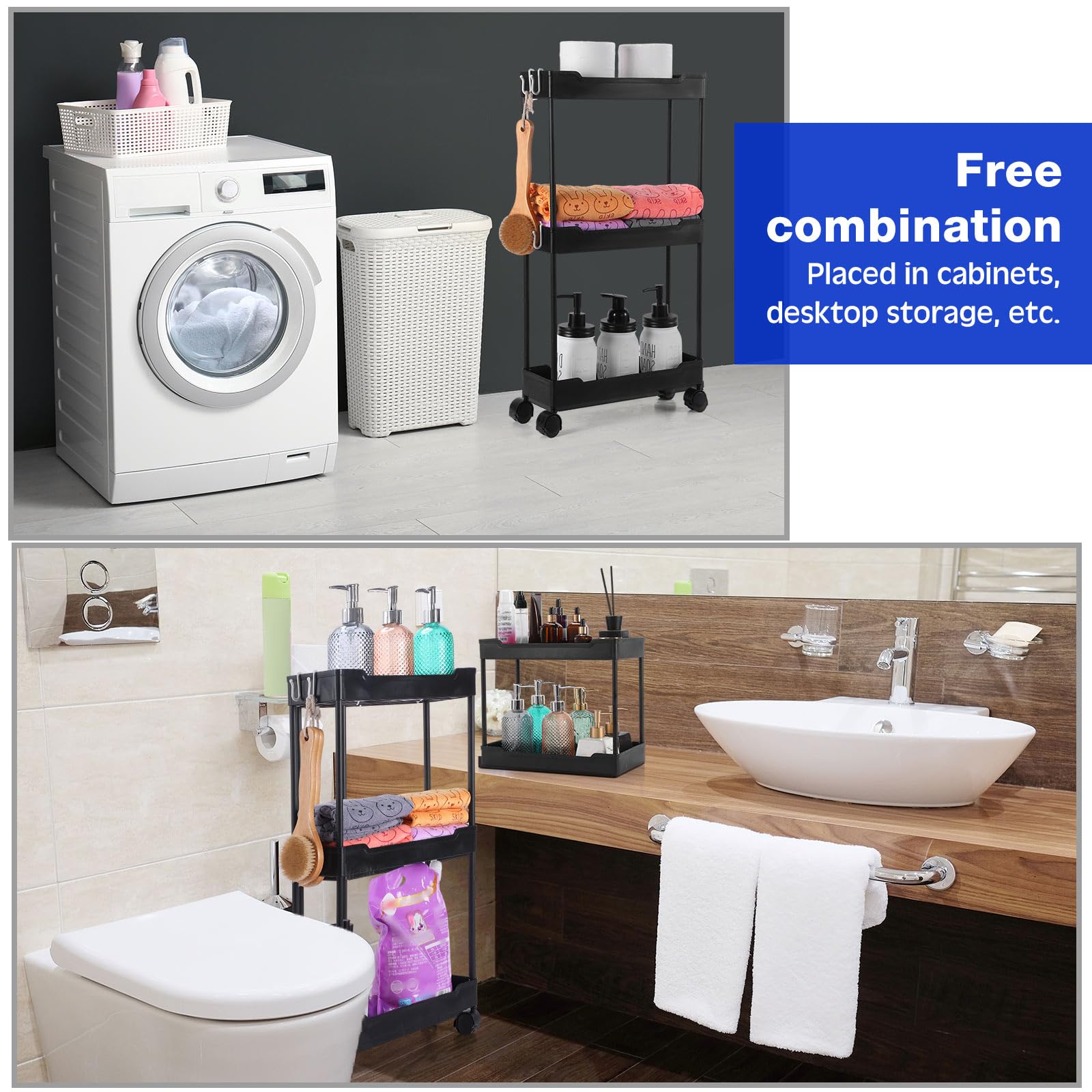 4 Pcs 3 Tier Slim Rolling Storage Cart, Bathroom Laundry Room Organizer Utility Storage Cart with Wheels and Hooks, Multi Functional Storage Trolley for Kitchen Bedroom Office Laundry Room, 2 Sizes