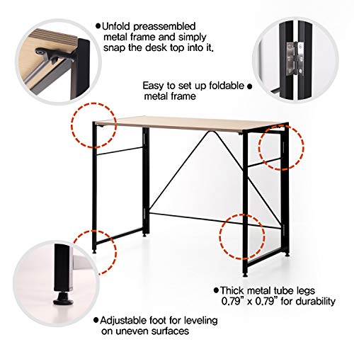 SOFSYS Modern Folding Computer Writing Desk for Small Space, Gaming, and Home Office Organization, Foldable Industrial Metal Frame with Sturdy Desktop for Students or Small Business, Oak/Black