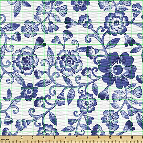 Lunarable Floral Fabric by The Yard, Swirl Flower Pattern Folk Russian Folk Cultural Petals Ornamental Image, Decorative Fabric for Upholstery and Home Accents, 3 Yards, Blue and White