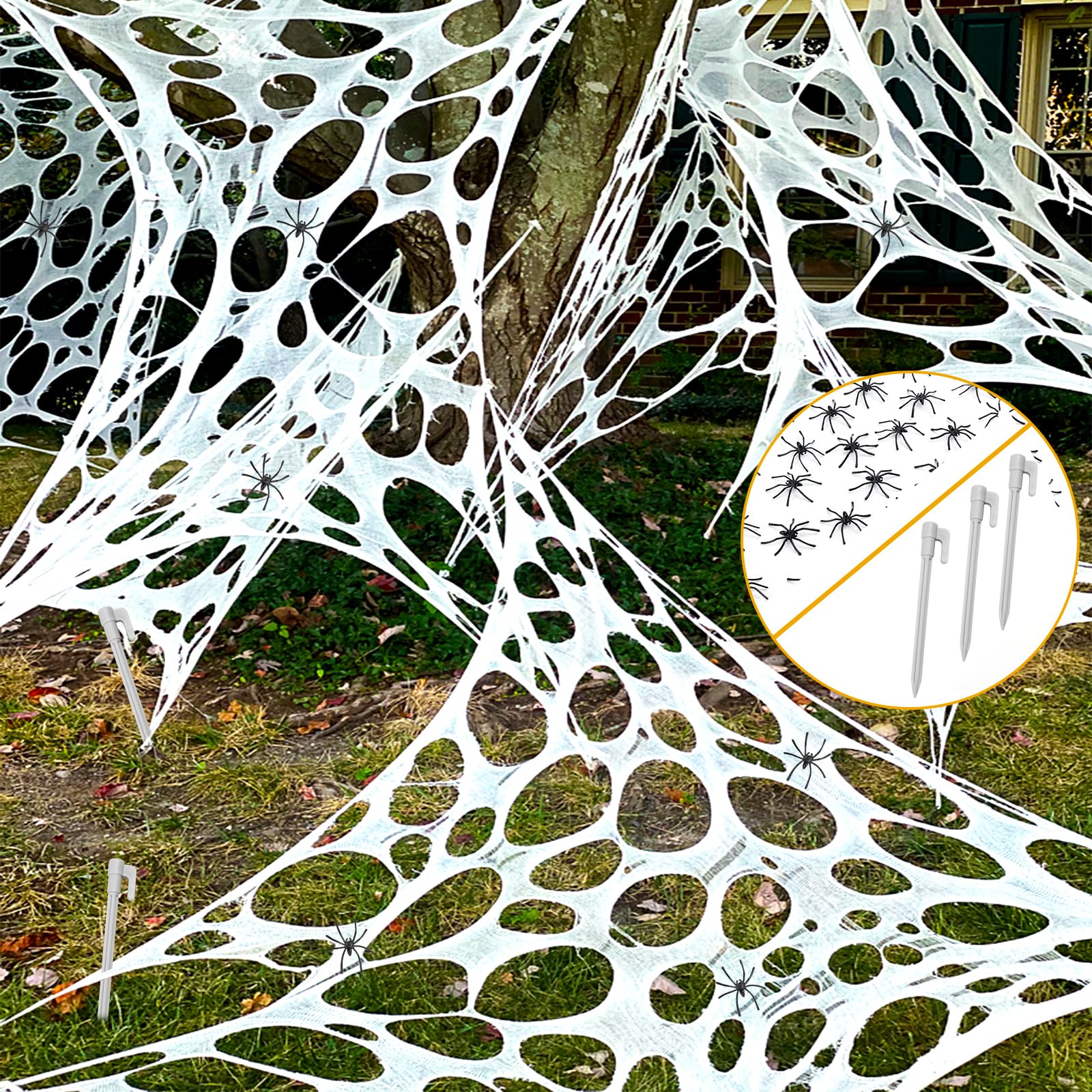 47.5 x 157.5In Spider Webs Halloween Decorations, 400Sqft Giant Stretchy Beef Netting Cut-Your-Own Spider Webbing Bulk with Fake Cobweb Spider, Landscape Stake for Garden Home Outdoor Halloween Décor