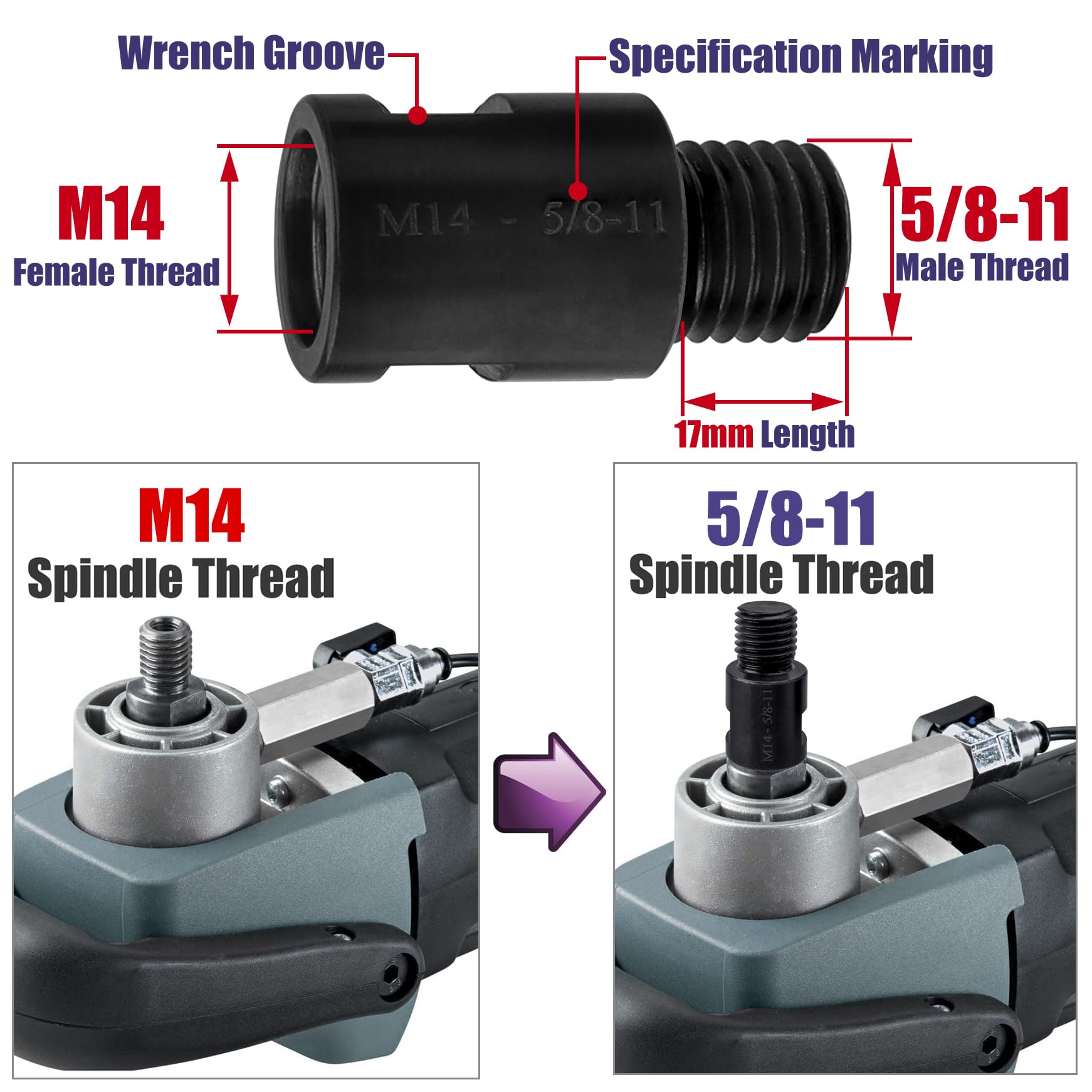 Yakamoz 2Pcs Angle Grinder Attachment M14 Female to 5/8"-11 Male Adapter Rotary Polisher M14 to 5/8"-11 Adaptor Converter Connecting Tool