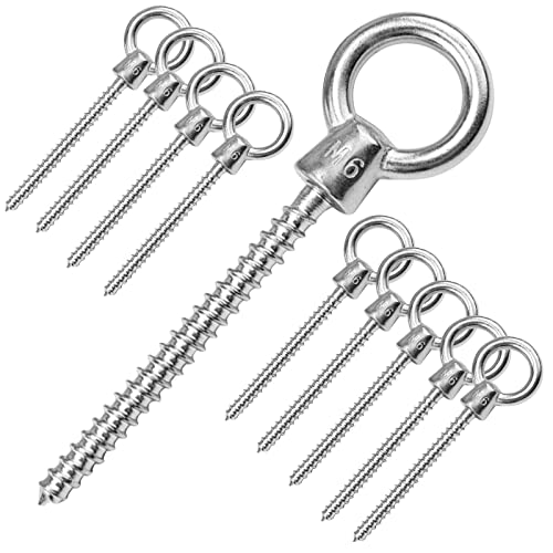 Muzata 10Pack 3.8Inch M6 Screw Eye Hook Wood Screws Metal Hook T316 Stainless Steel for Wood Securing Cable Wire Terminal Ring Eyelet Stand Self Tapping Eye Bolt Indoor Outdoor CN02
