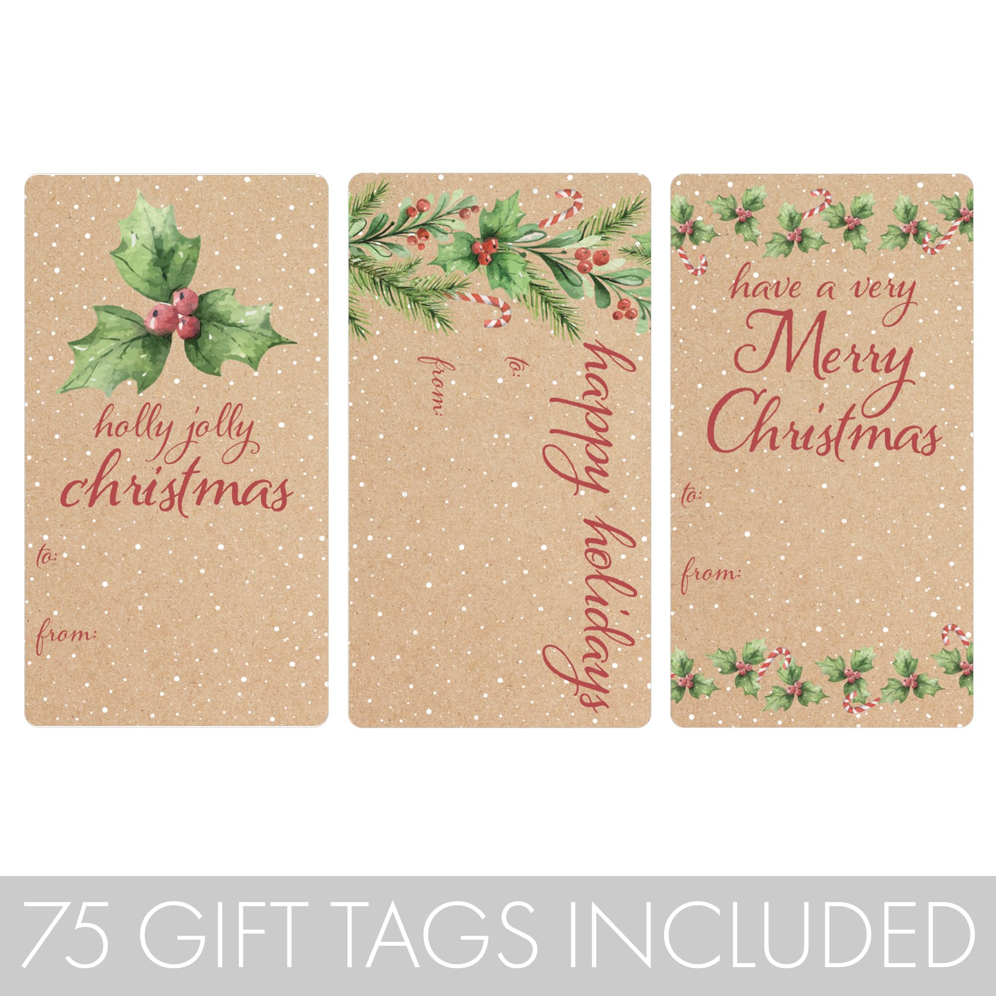 Greenery Christmas Gift Tags, Self-Adhesive Holiday Gift Wrap Tags on Kraft, Peel and Stick Christmas Gift Tags - 75 Count