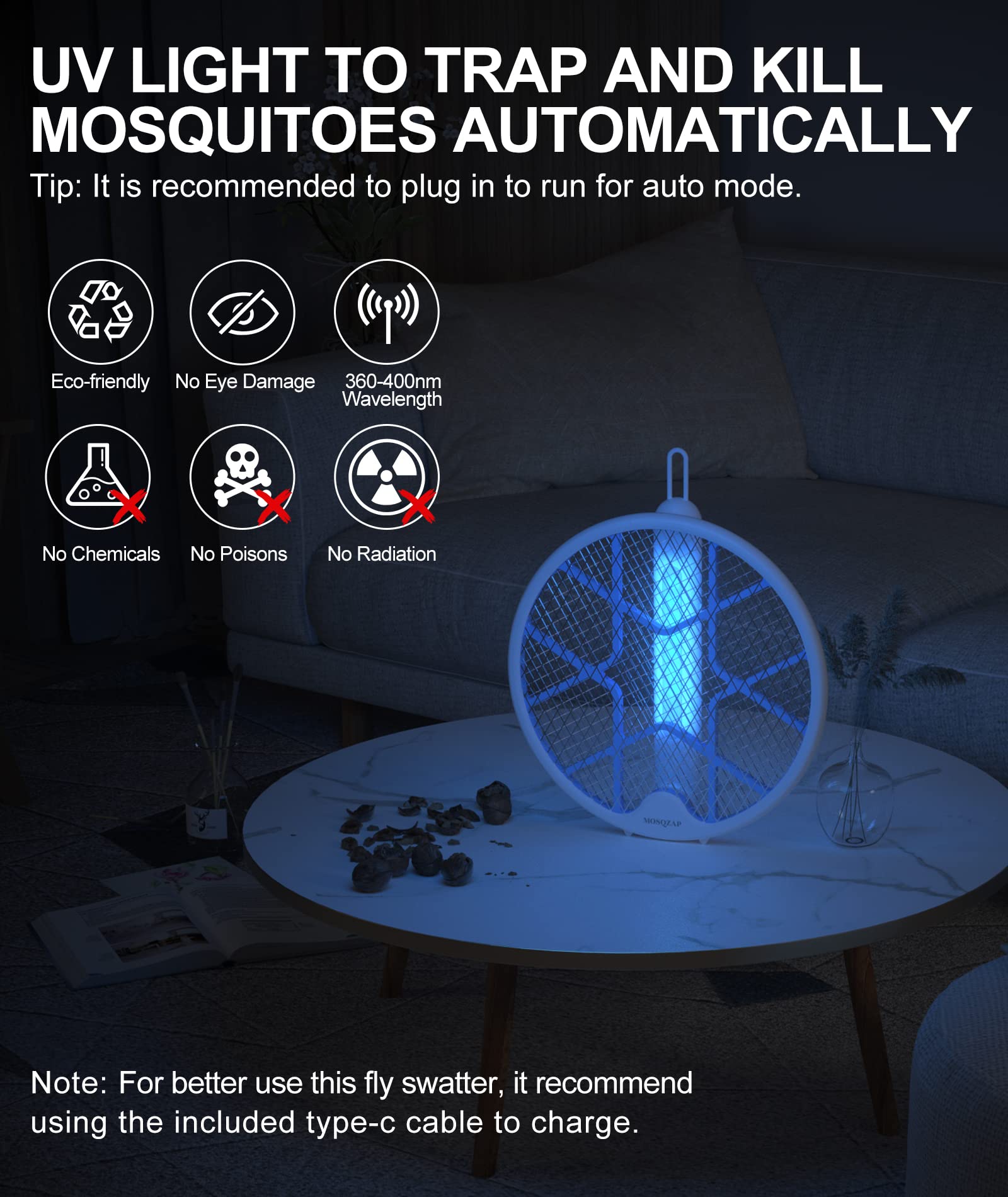 MOSQZAP Electric Fly Swatter 2 Pack, Foldable Bug Zapper Racket USB Rechargeable Fly Zapper Mosquito Zapper Racket w/Hands-Free & Handhold Modes, Outdoor/Indoor Killer for Flies, 3,500 Volt