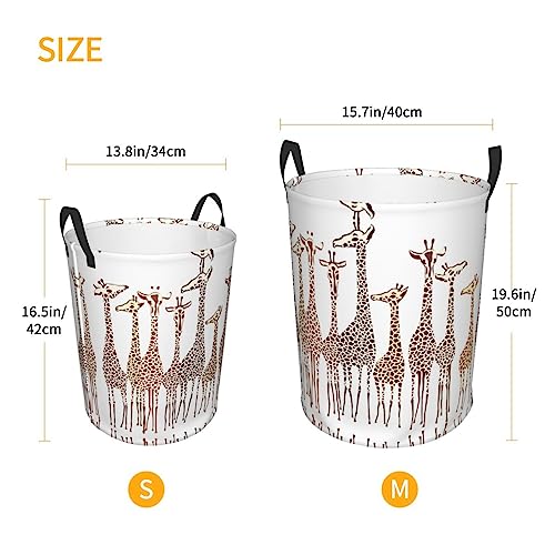 Cute Wild Cartoon Giraffes Printed Round Laundry Hamper,Collapsible Clothes Hamper Storage With Handle,Canvas Fabric Waterproof Storage Bin