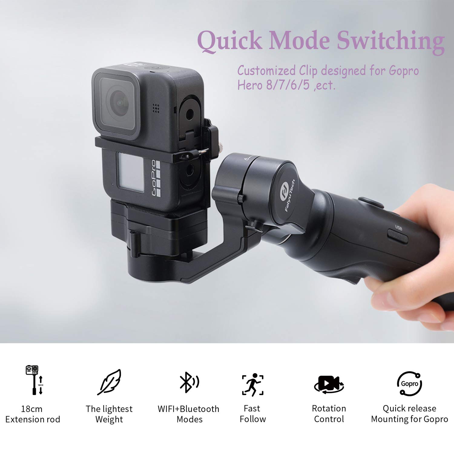 3-Axis Action Camera Gimbal Stabilizer for GoPro Hero 8/7/6/5, WiFi Connection, Handheld Gimbal Selfie Stick for SJCAM YI-CAM, 18cm Extendable Pole Portrait Mode with Tripod FeiyuTech Vimble 2A