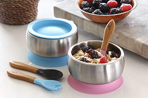 Avanchy® Stainless Steel Baby Bowls and Spoon Removeable Suction, Storage Lids Set for Babies Kids Toddler First Food Feeding Gray Baby Spoon