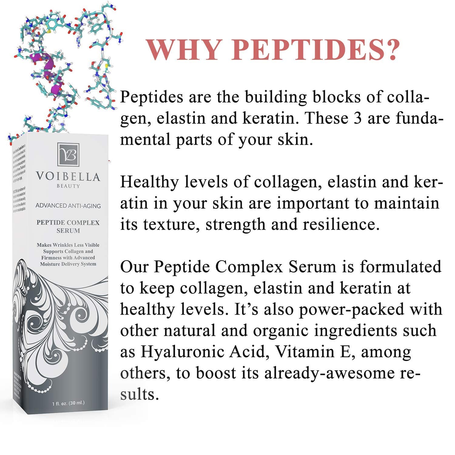 Peptide Complex Serum For Face & Collagen Support - Natural & Organic Anti Aging Skin Serum - Peptides, Hyaluronic Acid, Amino Acids & Vitamin E for Wrinkles, Hydrating, Firming & Elasticity