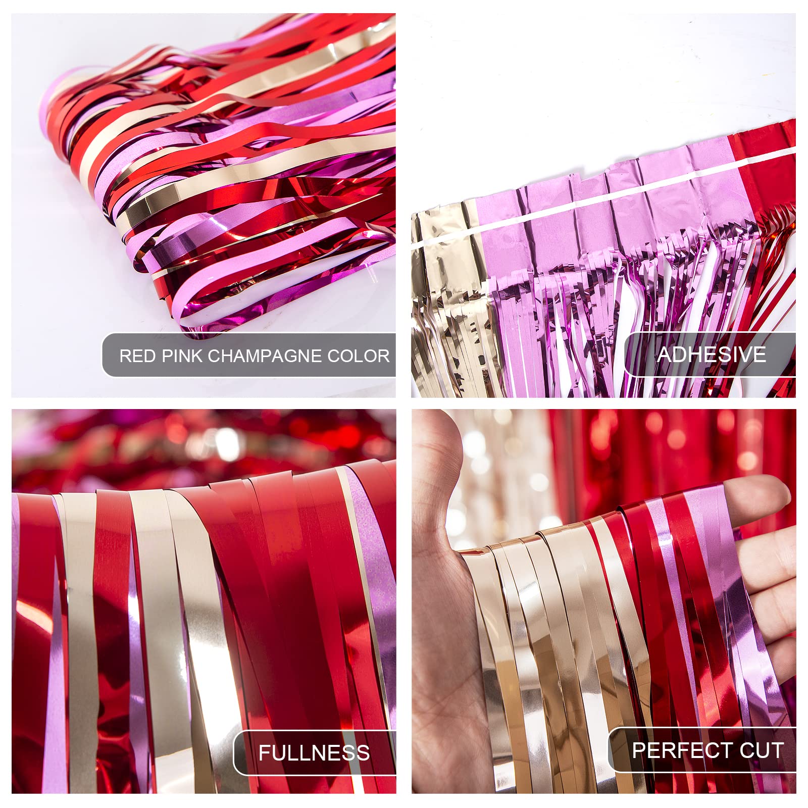 LOLStar 3 Pack Valentine's Day Photo Booth Props Valentines Day Party Decorations 3.3X6.6 ft Red Pink and Champagne Gold Foil Fringe Curtains Backdrop Streamers for Valentine's Day Decor