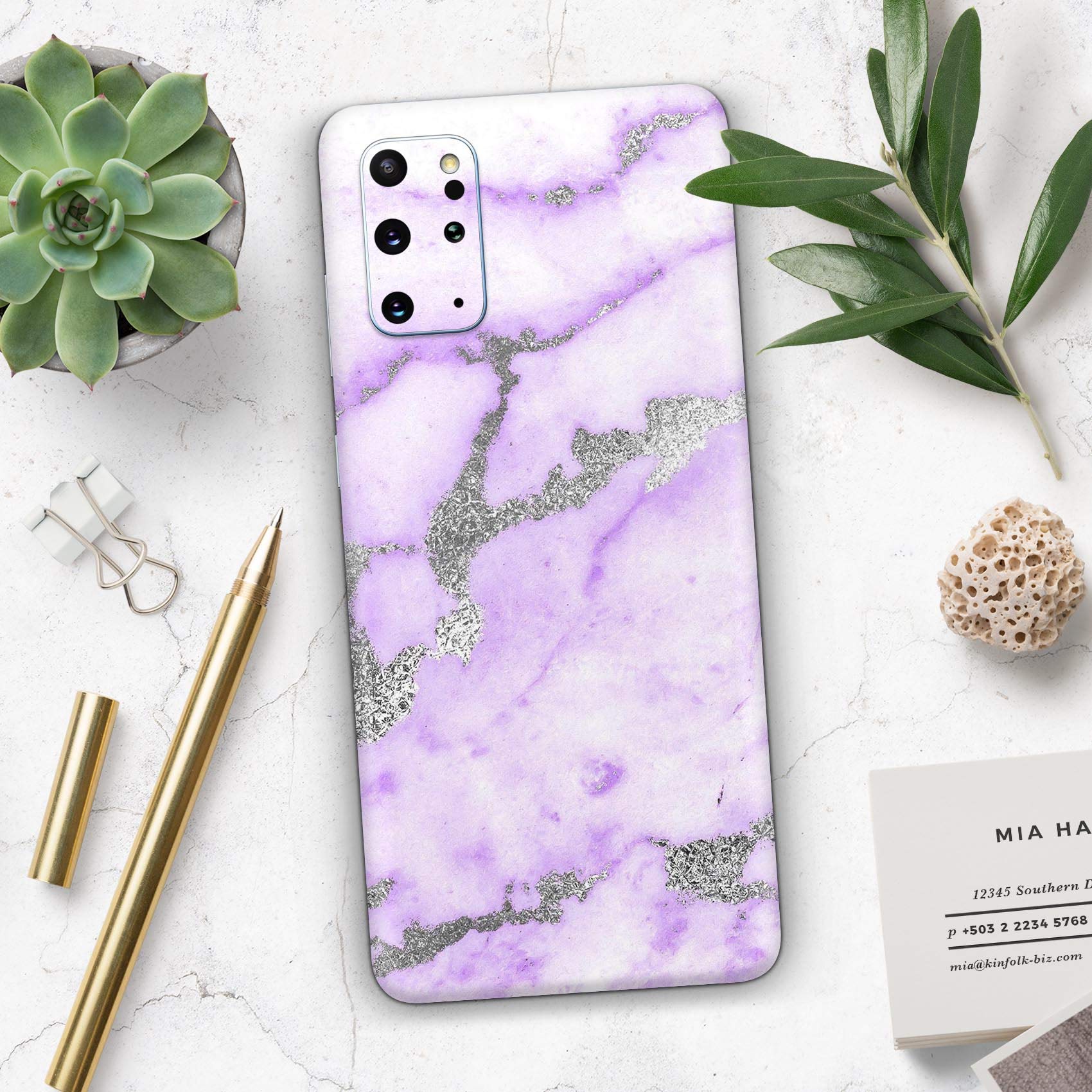 DesignSkinz Purple Marble & Digital Silver Foil V3 Protective Vinyl Decal Wrap Skin Cover Compatible with The Samsung Galaxy S20 (Screen Trim & Back Glass Skin)