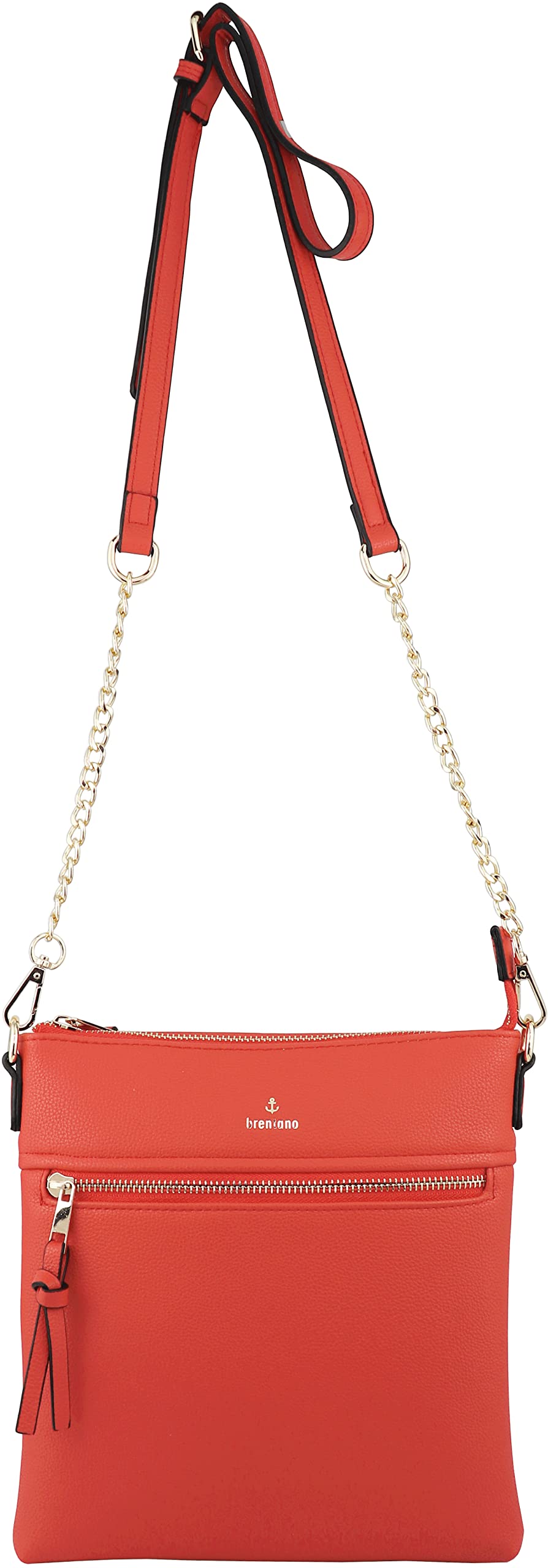 B BRENTANO Vegan Double-Zipper Crossbody Bag with Chain Strap (Hazelnut)