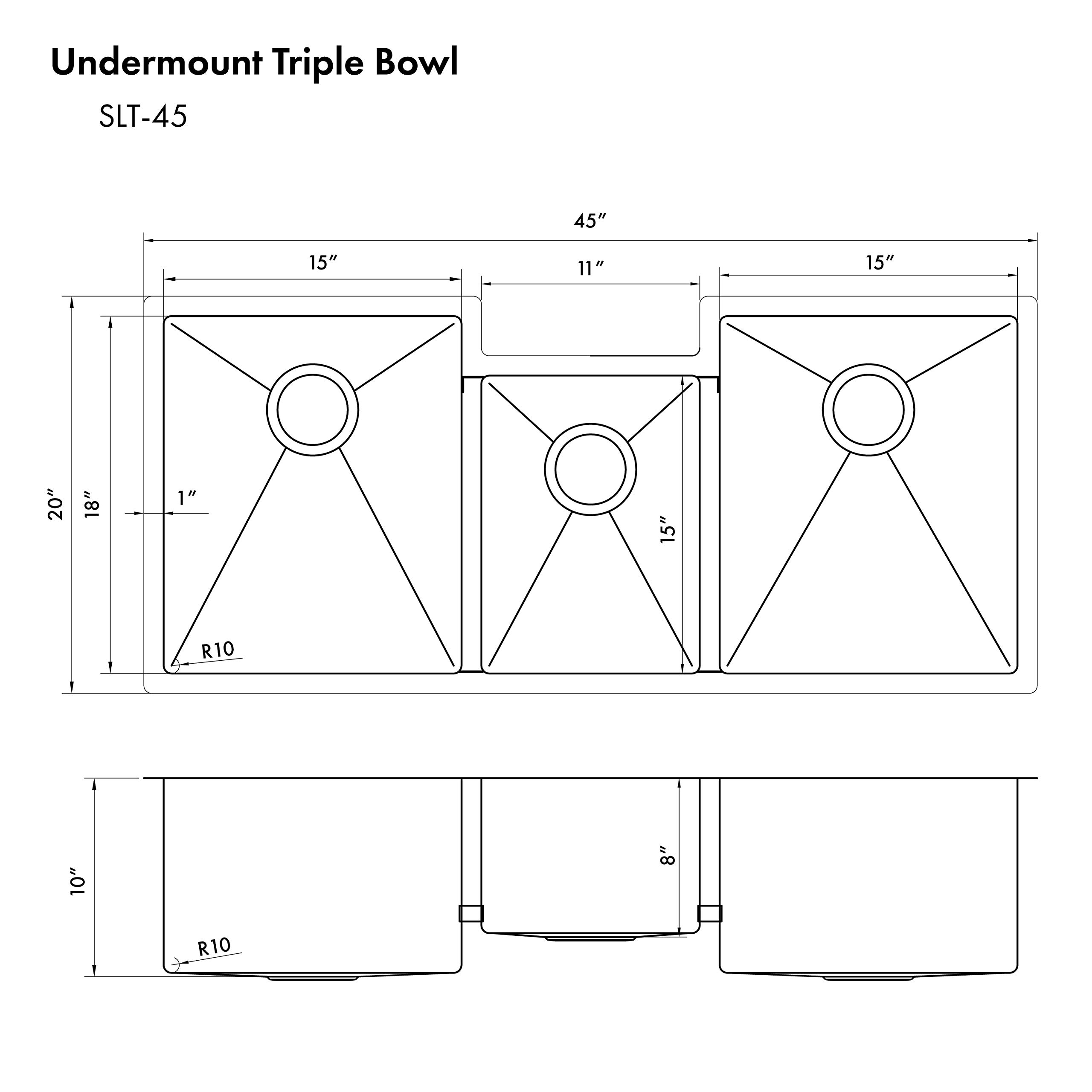 ZLINE 45" Breckenridge Undermount Triple Bowl Stainless Steel Kitchen Sink with Bottom Grid and Accessories (SLT-45)