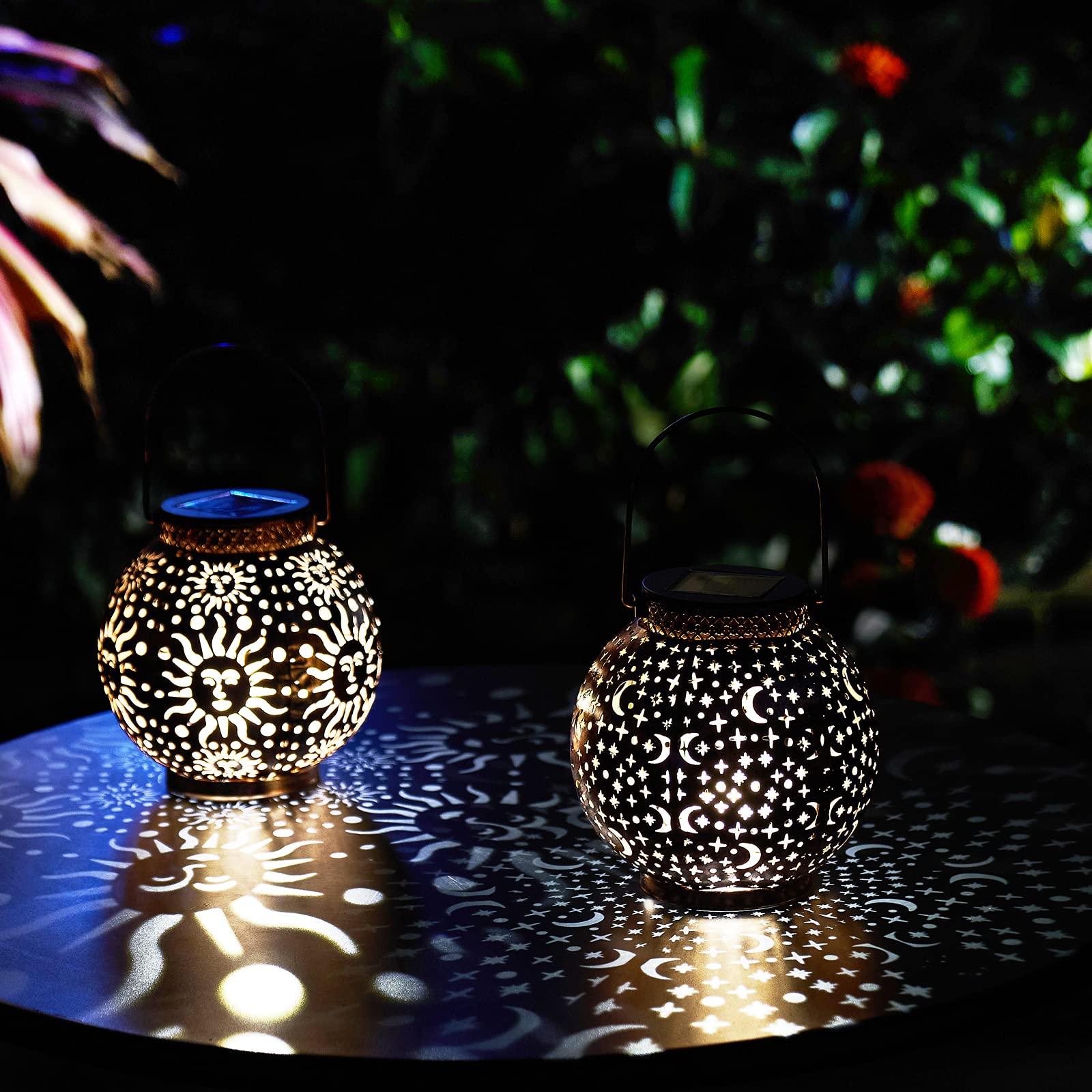 2Pcs Solar Lanterns Outdoor Hanging Garden Lights Decorative Metal Moon Star Sun Solar Lanterns for Table, Patio, Yard, Walkway Decorations Waterproof (Bronze)
