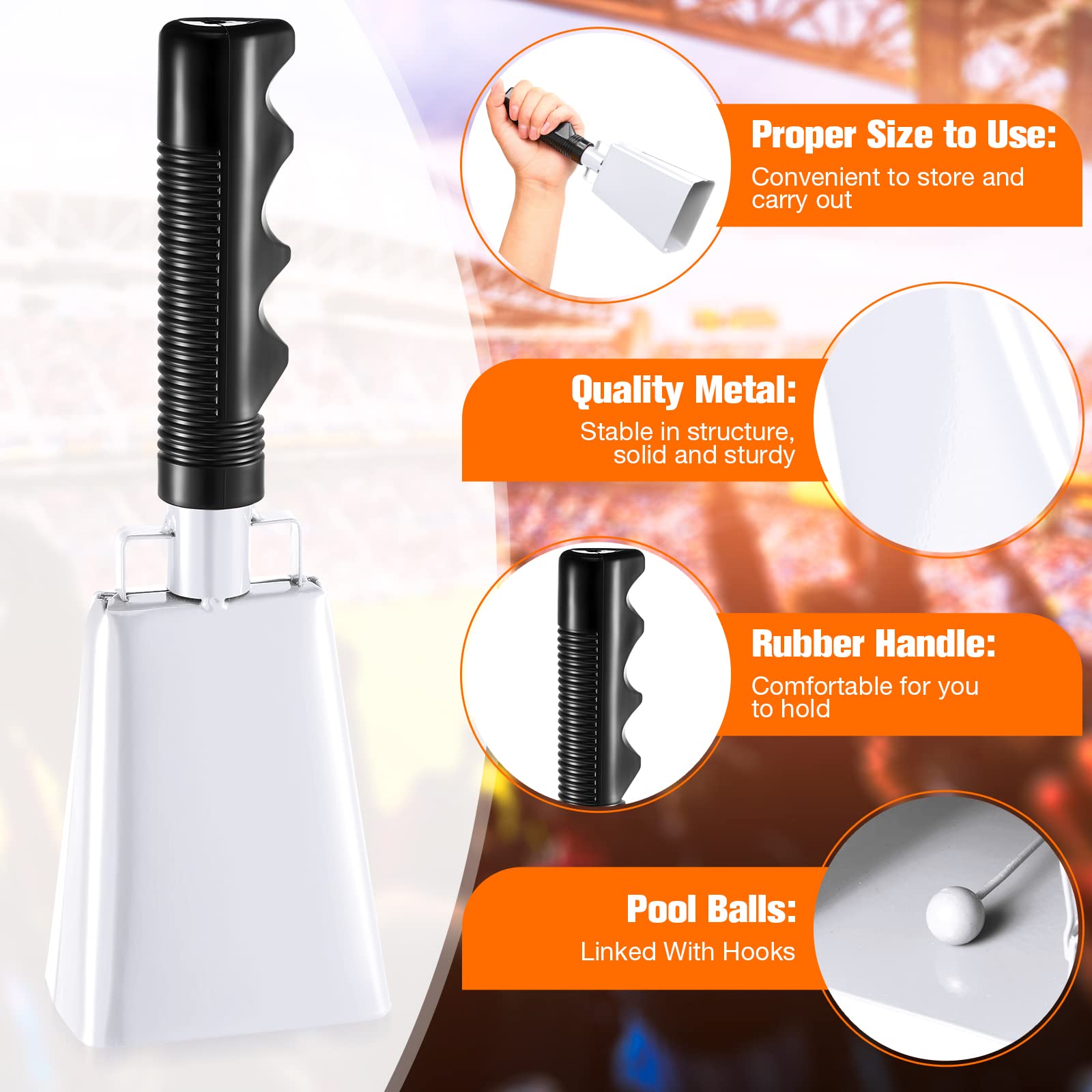 6 Pack Cowbell with Handle Solid Cheering Bell Cow Bells Noise Makers Cowbells for Sporting Events Percussion Hand Bells Chimes for School Football Game Wedding Musical Instruments, White (Small)