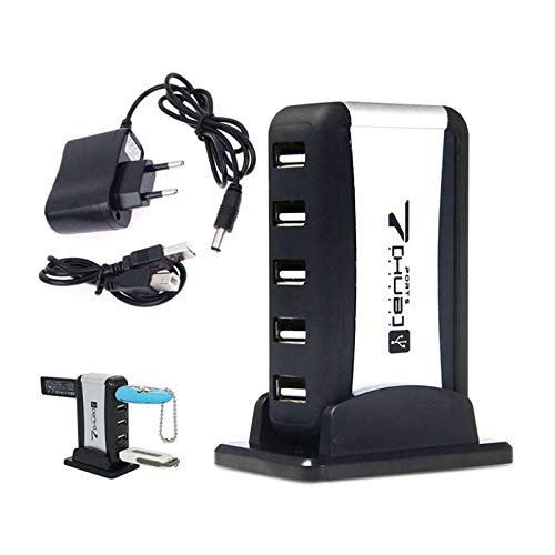 Lysee Cable Winder - EU Plug External Hub 7 USB 2.0 Ports with Multi-Socket Power Supply Slot for Notebook Pc - (Color: Black)