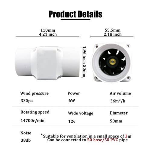 TTiiLoe Inline Duct Fan 2 Inch 50mm Ventilation Exhaust Booster 62 CFM Quiet Fan Filter Duct Kit 6W 12V Intake Fume Extractor Blower for Attic Kitchen Grow Tent (2 inch/50mm, Adjustable Speed)