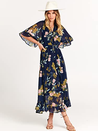 ANRABESS Women's Summer Ruffle Maxi Dress Floral Print 3/4 Bell Sleeve V Neck High Waist Flowy Boho Long Dress 746fenchahua-M