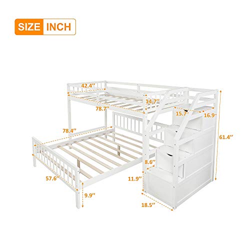 Harper & Bright Designs Twin Over Full Loft Beds, Bunk Beds Twin Over Full with Stairway and Storage, Full-Length Guardrail, No Box Spring Needed (White Twin Over Full Bun Beds)