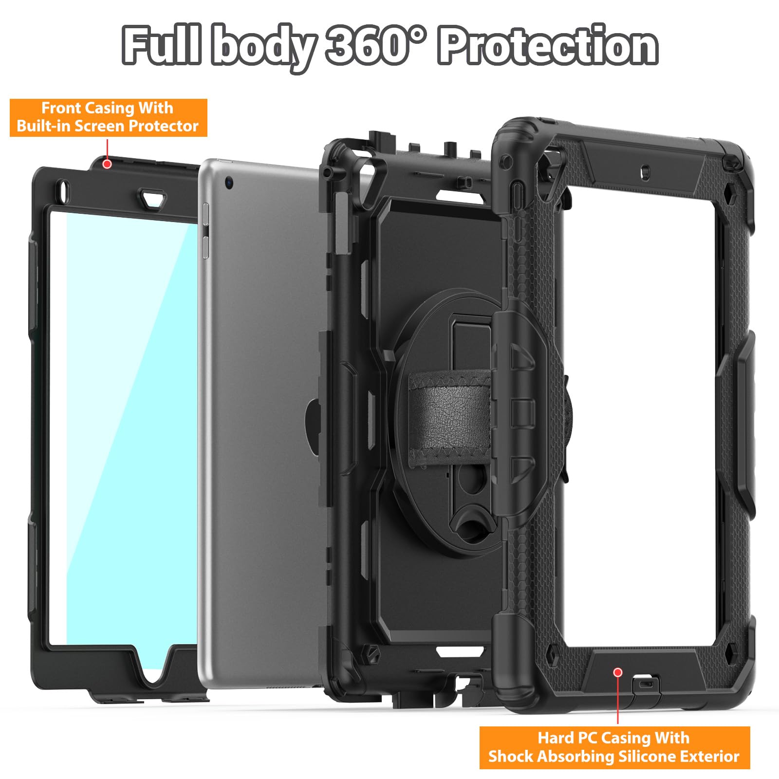 SEYMAC Case for iPad 6th/5th Generation Case 9.7 Inch, Full-Body Shockproof Heavy Duty Protective Case with Screen Protector, Rotating Stand/Hand/Shoulder Strap for iPad Air 2/ Pro 9.7, Black