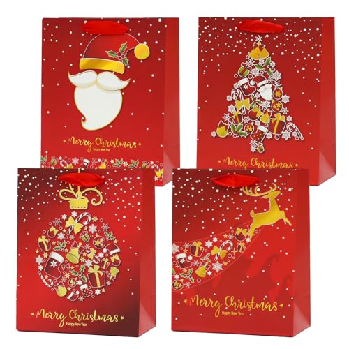 Eisyaa 10PCS Christmas Gift Bags Assorted Sizes, Paper Bags for Gift Bulk with 2 Extra Large Gift Bags, 4 Large and 4 Medium Size, Heavy Duty Red&Gold Foil Xmas gift bags (Assorted Sizes-10PCS)