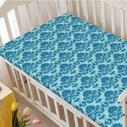 Damask Themed Fitted Crib Sheet,Standard Crib Mattress Fitted Sheet Soft Toddler Mattress Sheet Fitted - Baby Crib Sheets for Girl or Boy,28β x52β,Seafoam Blue