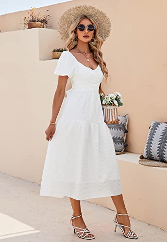 ANNA&CHRIS Womens Summer Puff Sleeve Midi Dress A Line V Neck High Waist Tie Back Smocked Tiered Boho Wrap Dresses White L