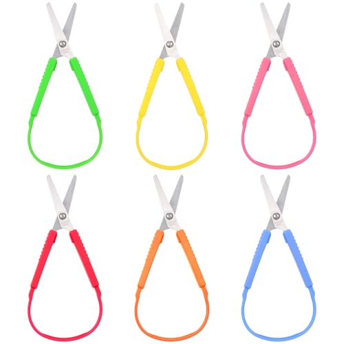 6 Pack Mini Loop Scissors for Children, Self Opening Adaptive Scissors Right and Lefty Support, Colorful Grip Scissors Set for Kids and Adults Special Needs, Squeeze Scissors Easy Grip Loop Scissors