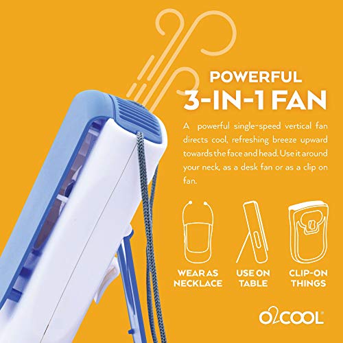 O2COOL Deluxe Necklace Fan | Battery Powered, Hands-Free Personal Cooling Fan w/Adjustable Lanyard, Table Top Stand + Wearable Clip (Dark Blue + Purple (2 Pack))