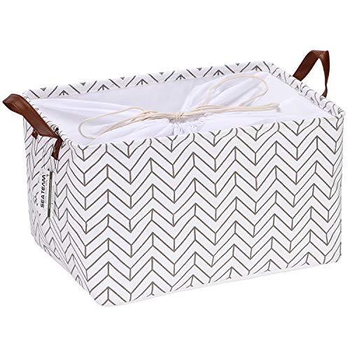 Sea Team Modern Arrowhead Pattern Canvas Fabric Storage Basket Collapsible Geometric Design Storage Bin with Drawstring Cover and PU Leather Handles, 16.5 by 11.8 inches, Waterproof Inner, Grey