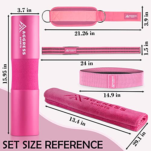 Aggress Sports Barbell Pad Set of 8 β Barbell Squat Pad for Hip Thrust, Lunges with 2 Gym Ankle Straps, Hip Resistance Band β Durable Gym Accessories for Women Includes Carry Bag, Towel, pink