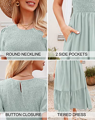 Annebouti 2023 Women's Summer Puff Short Sleeve Dress Modest Flowy A Line Ruffle Tiered Long Casual Smocked Maxi Dress with Pockets Solid Light Green S