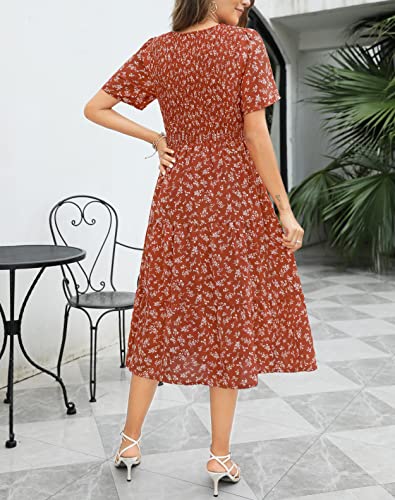 Annebouti Women 2023 Summer Short Sleeve V Neck Beach Modest Boho Floral Tiered Smocked Casual Midi Dress with Pockets Brown