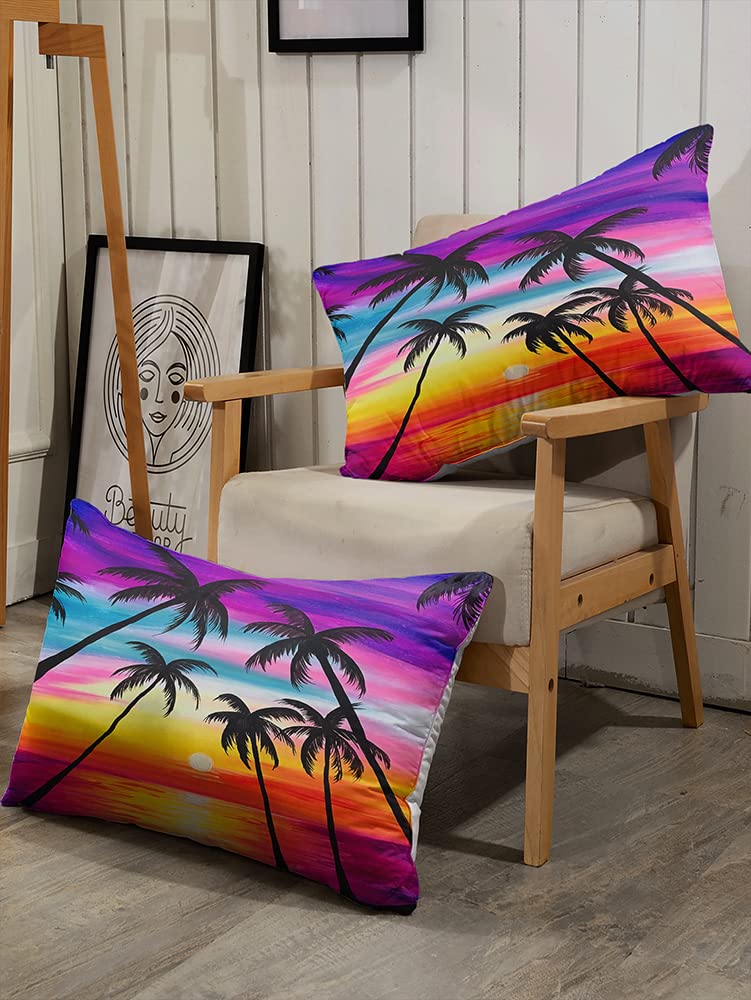Tropical Sunset Palm Tree Comforter Set for Kids and Adults, Queen Size Sea Ocean Sunset Quilt Bedspreads with 2 Silhouette Sunset Pillowcases - 90" x 90" (Queen, Yellow)