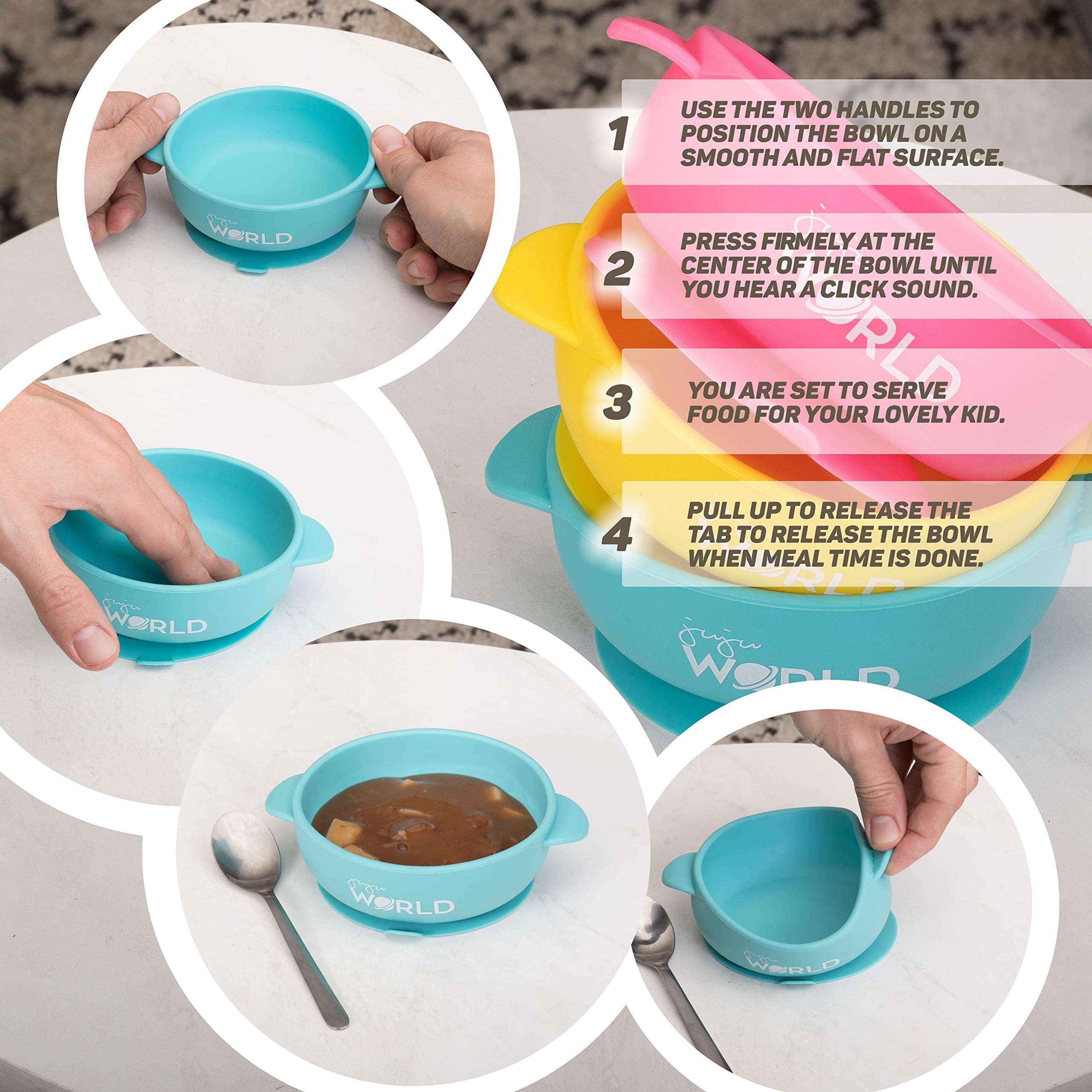 Juju World 3 Baby Bowls with High Suction Base Set - Great for Feeding Kids & Toddlers - Fridge, Microwave & Dishwasher Compatible - Eco-Friendly, BPA Free Silicone