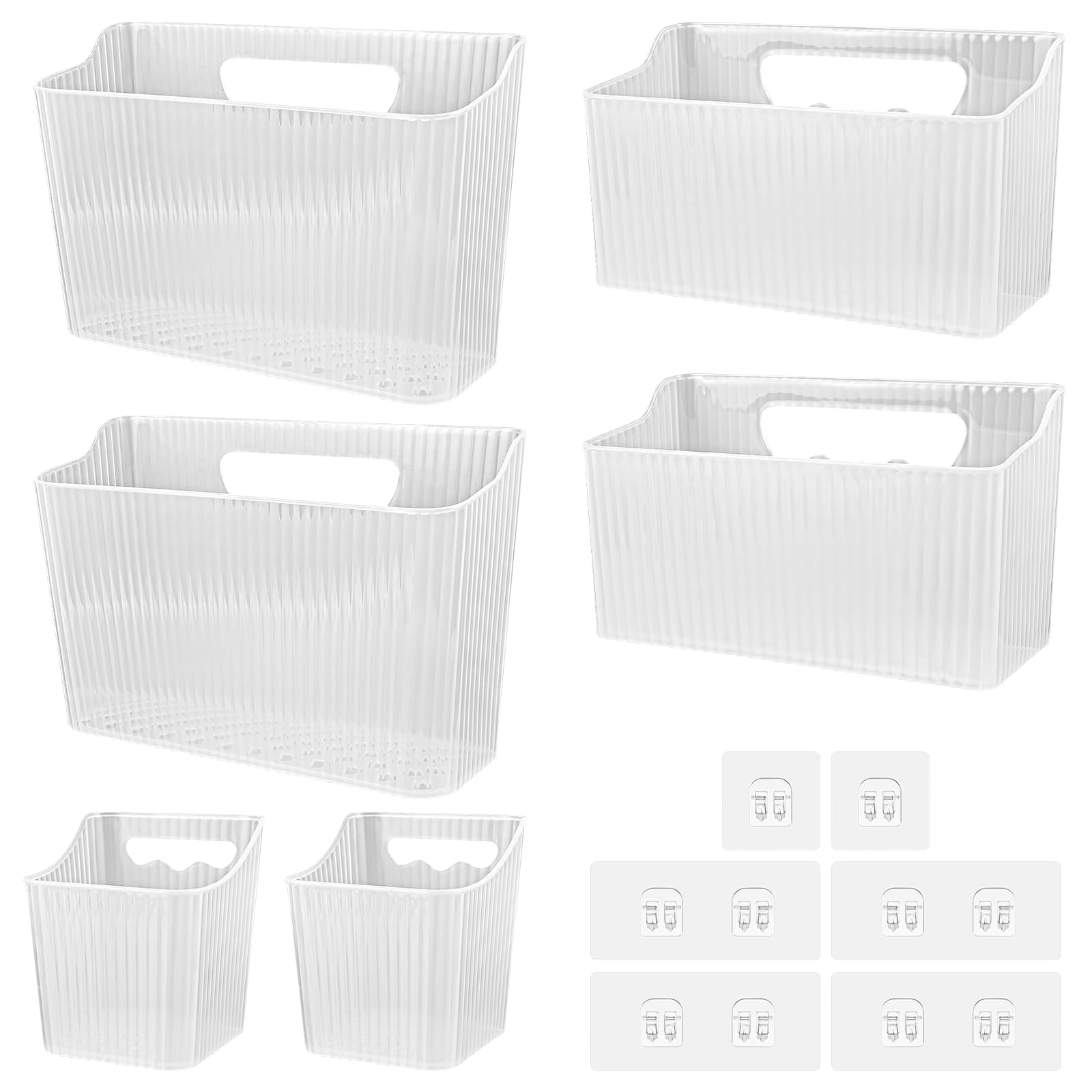 6 Pack Storage Organizer Bins Wall Mounted Organizer Basket Stackable Fridge Cabinet Door Bin Plastic Hanging Baskets with Self-adhesive Hooks for Kitchen Bathroom Pantry Freezer Under Sink - BPA Free