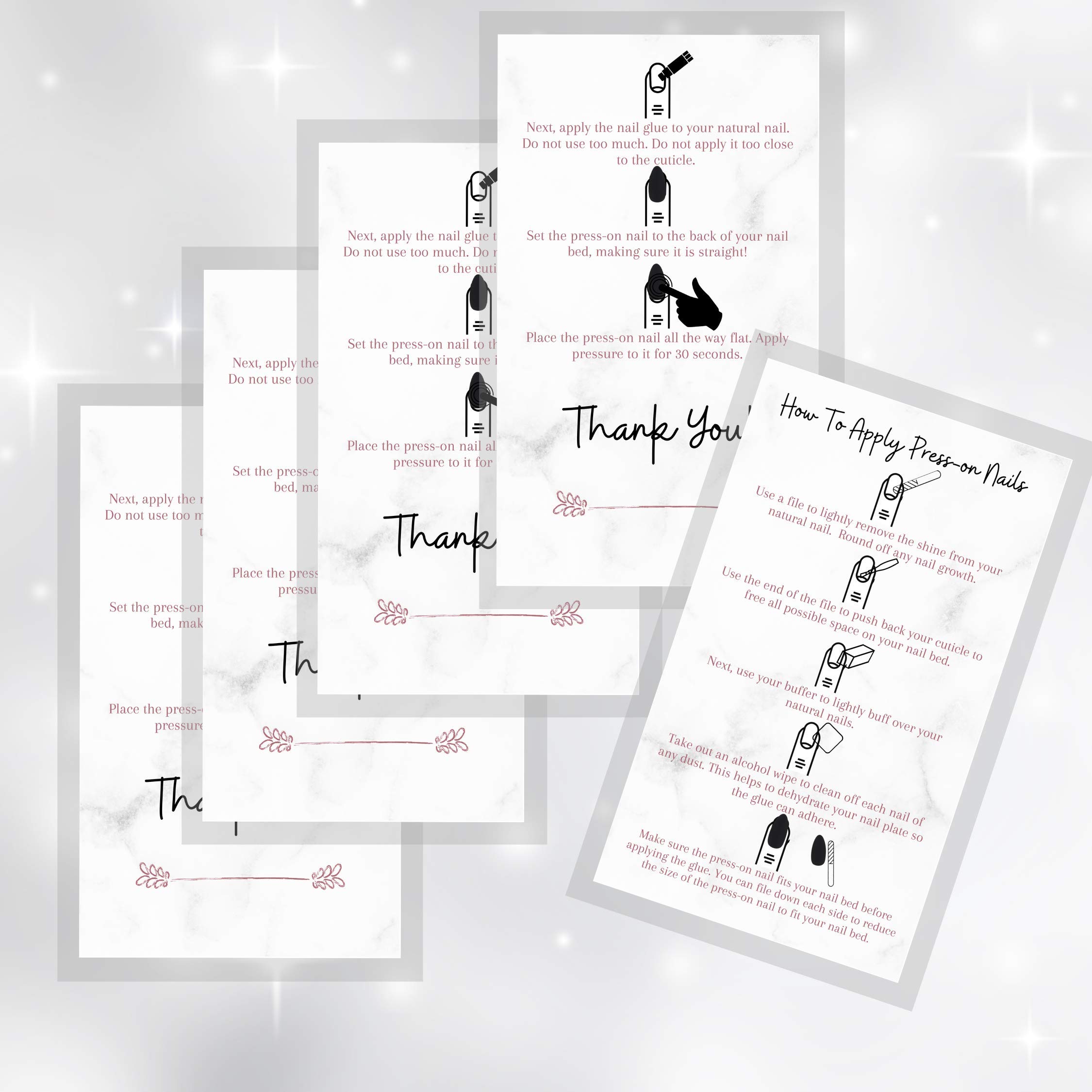 Press-On Nail Application Instructions Cards | 50 Pack | 2x3.5" inch Business Card Size | DIY Press-On Nail Kit | Marble with Rosey Gold Design