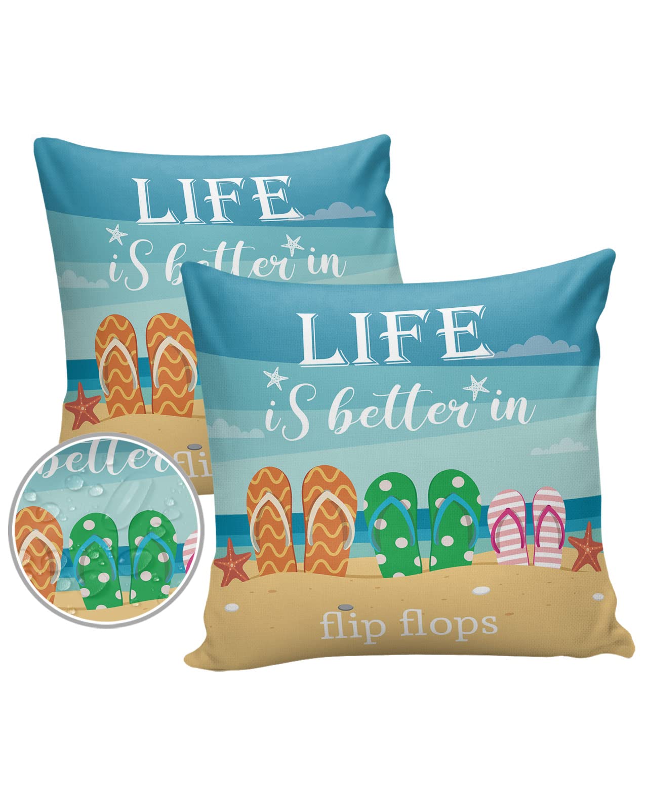 Outdoor Waterproof Pillow Covers for Patio Furniture Summer Beach Decorative Throw Pillow Cover Life Is Better in Flip Flops Pillowcases Set of 2 Cushion Case for Sofa Couch Chair Home Decor 18x18inch