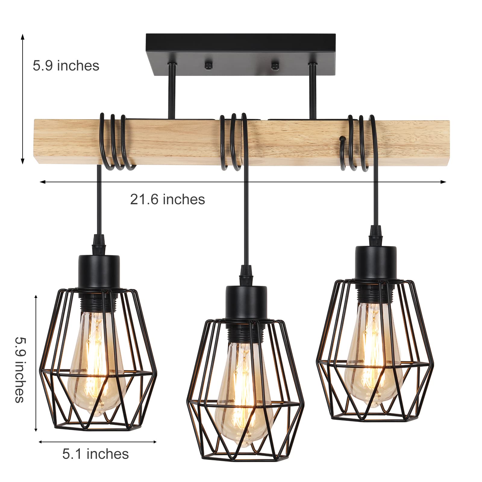 3-Light Semi Flush Mount Ceiling Light Fixture, Rustic Farmhouse Lighting with Black Metal Lampshade and Solid Wood, Chandelier Ceiling Lamp for Kitchen Bedroom Living Room Bathroom Hallway Entryway
