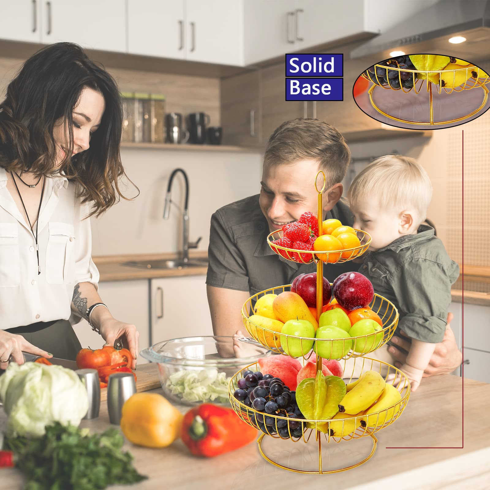 3 Tier Kitchen Countertop Fruit Basket Bowl for Bread Vegetables Snack Storage, Removable Organizer Shelf Storage Rack, Modern Design Tiered Fruit Holder Stand,for Gifts Home Party(round head gold)