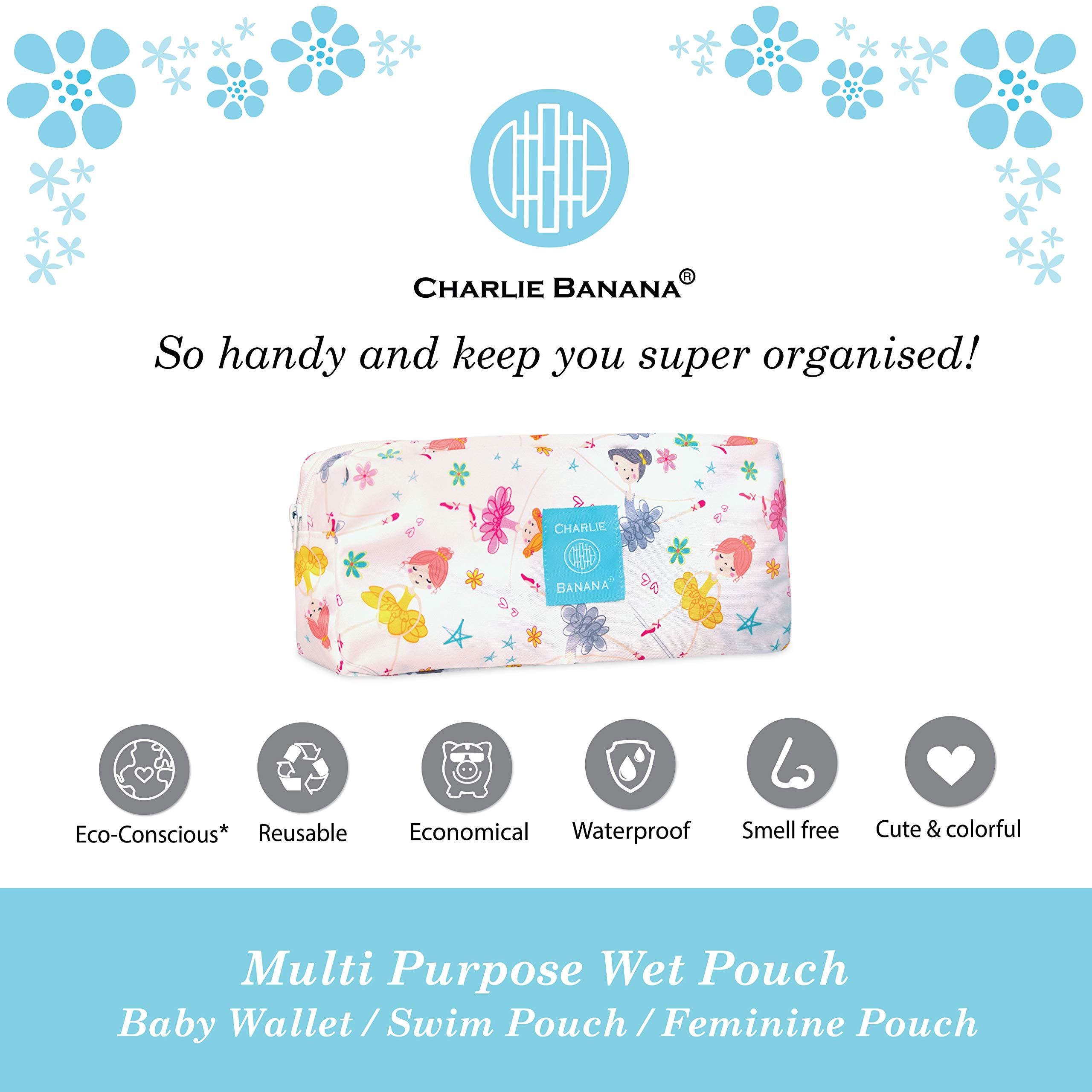 Charlie Banana Baby Multi-Purpose Waterproof Reusable and Washable Wet Pouch, Diva Ballerina
